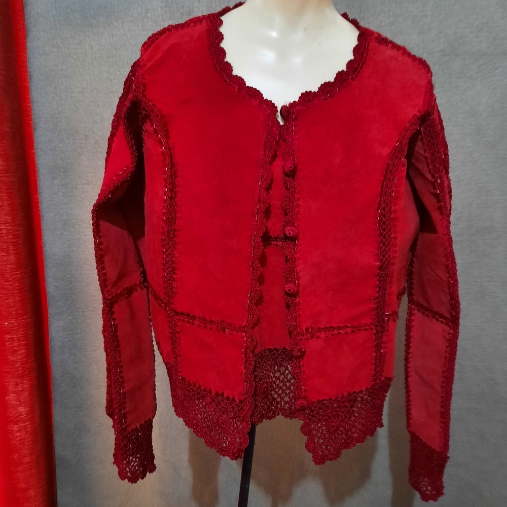 Vintage Lew Magram 2pc Red Suede Crochet Patchwork Ve… - Gem